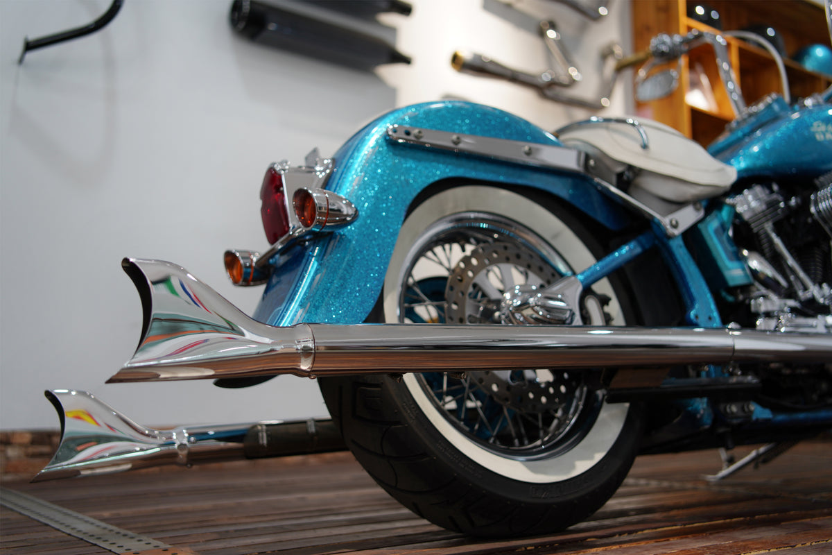Harley Davidson modified fish tail exhaust for Softail Deluxe – Key Bear