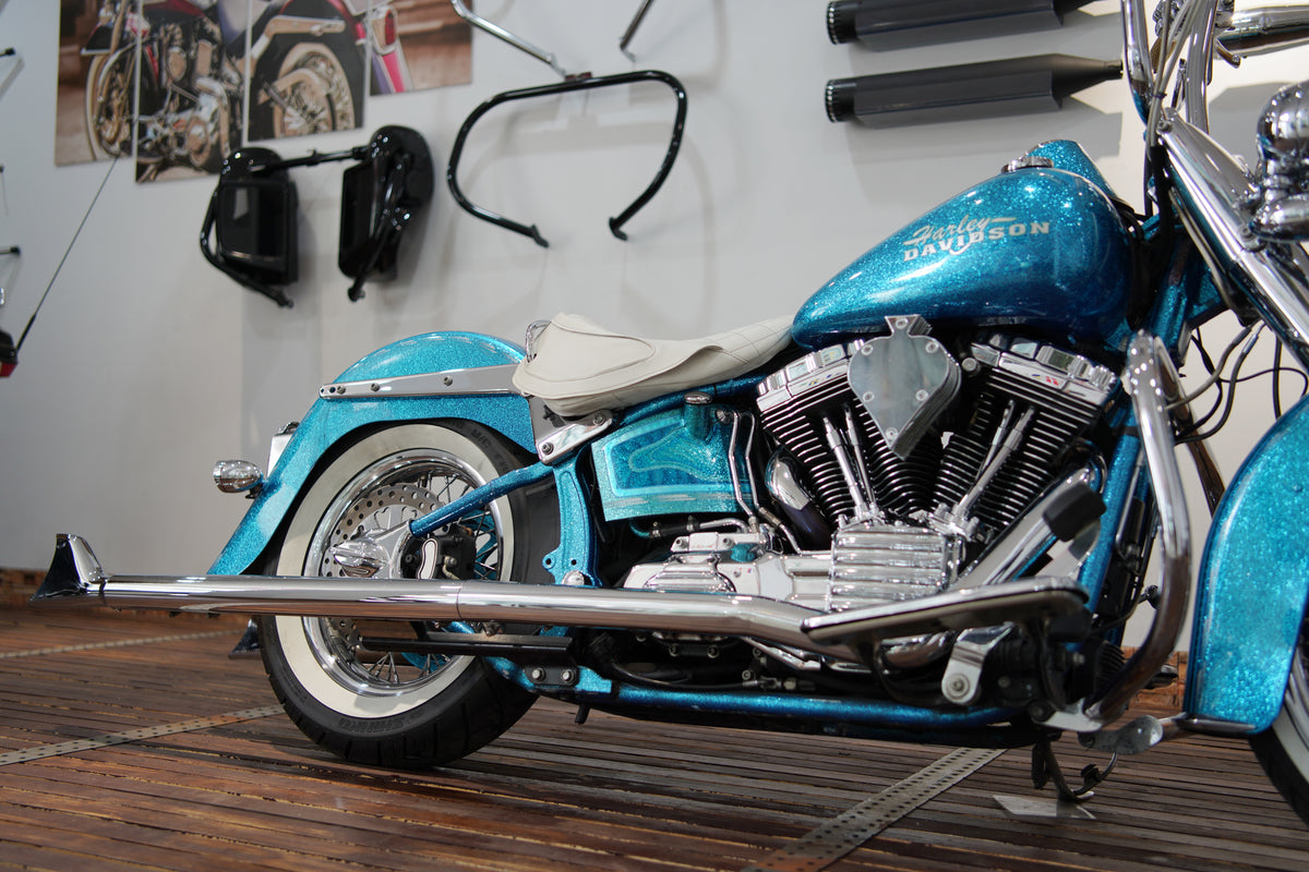 Harley Davidson modified fish tail exhaust for Softail Deluxe – Key Bear